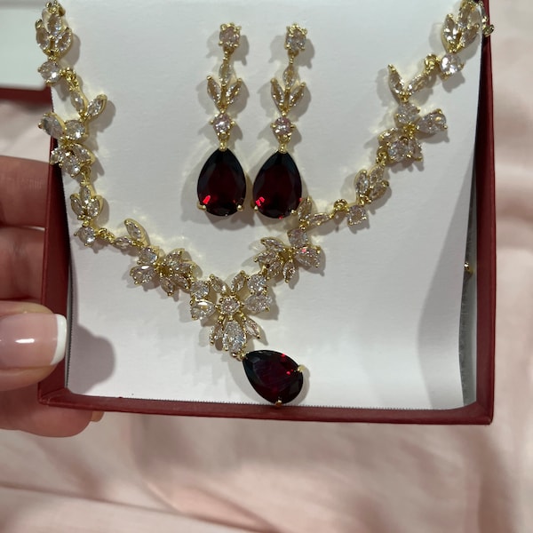 Red Bridal Jewelry Set, Burgundy Bridal Earrings, CZ Necklace, Bridal ...