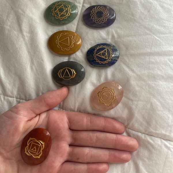 7 Chakra Stones in Heart, Oval & Round Shape / Engraved Seven Chakra ...