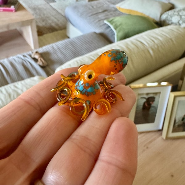 Blown Glass Orange and Blue Octopus Glass Figurine Octopus Glass Ocean ...