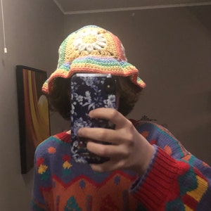 Pastel Rainbow Daisy Bucket Hat Crochet Bucket Bonnet Flower Hat ...