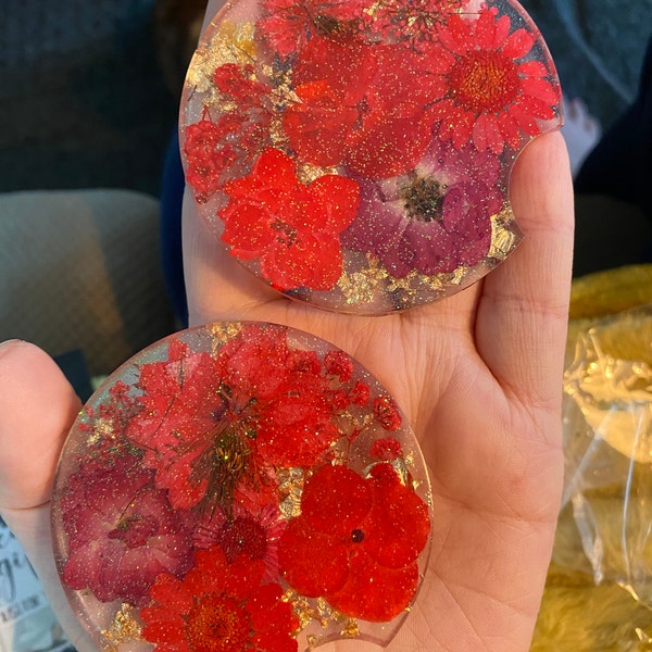 Pressed Flower Car Coasters, Set of 2, Floral Car Coasters, Car ...