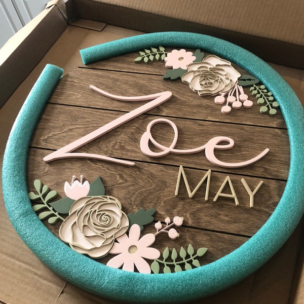 Round Floral Shiplap Baby Name Sign for Nursery or Shower Decor Flowers ...