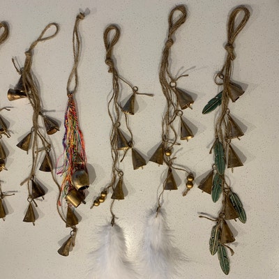 Bells on String With BLUE Ceramic Beads, Rustic Windchime, Vintage Cow ...