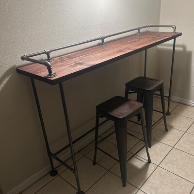 Industrial Vintage Style High Bar Table With Drink Rail, Solid Wood ...