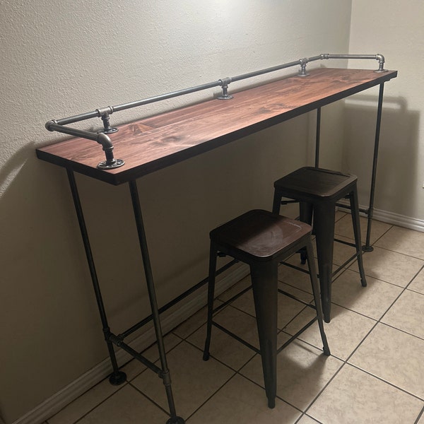 Industrial Vintage Style High Bar Table With Drink Rail, Solid Wood ...