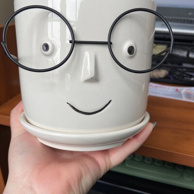 Head Ceramic Face Planter With Glasses Planter With Drainage and Saucer ...