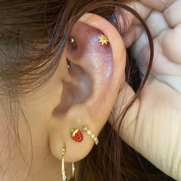 18G/16G Tiny Garnet Sun Internally Threaded Labret • Flat Back Earring • Tragus Stud • Flat Back ...