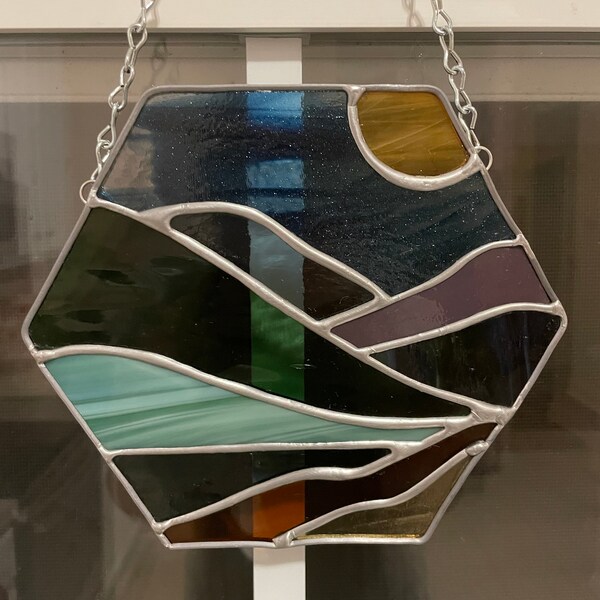 Hexagon Landscape Stained Glass Pattern, Modern Stained Glass ...