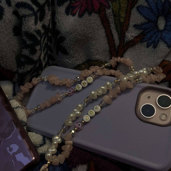 Rose Quartz Gemstone Phone Strap, Healing Crystals Phone Chain, Pearl ...