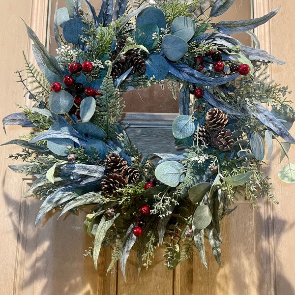 Blue Fall Garland for Mantel, Blue Fall Home Decor, Blue Eucalyptus ...