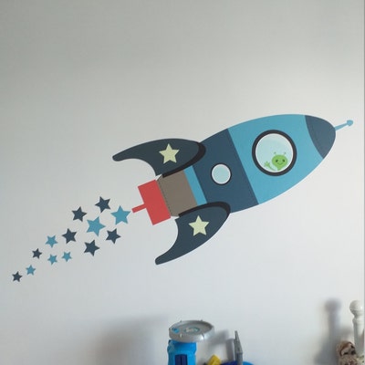 Blue Blast off Rocket Wall Sticker, Space Wall Sticker, Rocket Wall ...
