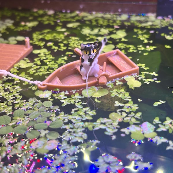 Fishing Grey Tabby Cat and Rowboat Floating Decor Decorative Aquarium ...