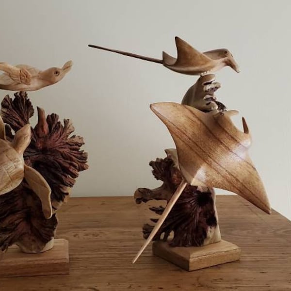 Wooden Manta Ray Couple Sculpture, Art Piece, Exotic, Figurine, Fish ...