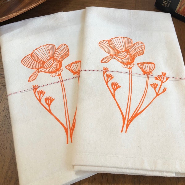 California Poppy Screen Print Tea Towel: Flour Sack Cotton Dish Towel ...