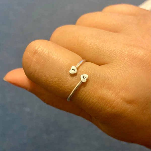 925 Silver Dainty Initial Ring,double Heart Ring,love Ring,personalized ...