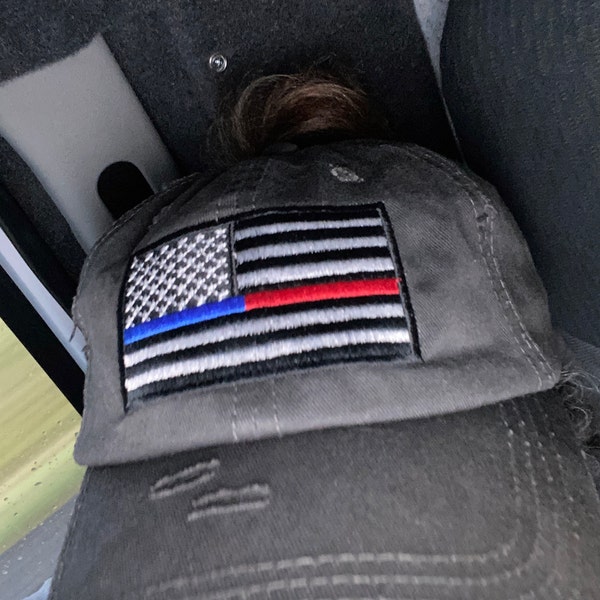 Blue and Red Line Hat | Distressed Baseball Cap OR Ponytail Hat | Thin ...