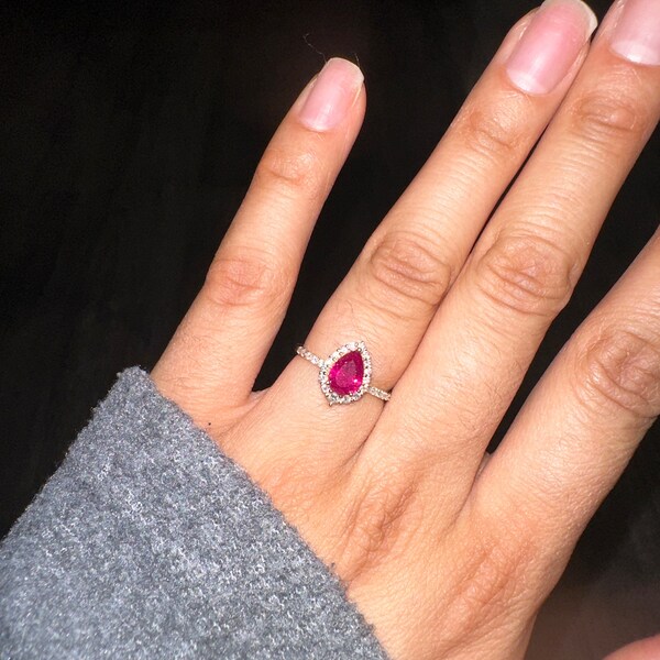 Genuine Ruby Engagement Ring/14k Gold Ruby Ring/teardrop Ruby Halo ...