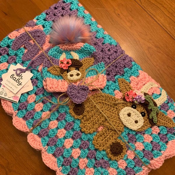 Crochet Baby Blanket,40x40/32x32 Highland Cow Baby Blanket, Handmade ...