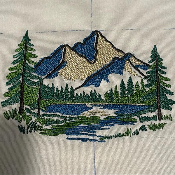 Mountain Lake Embroidery Design, Forest Pine Trees and Mountains Lake ...