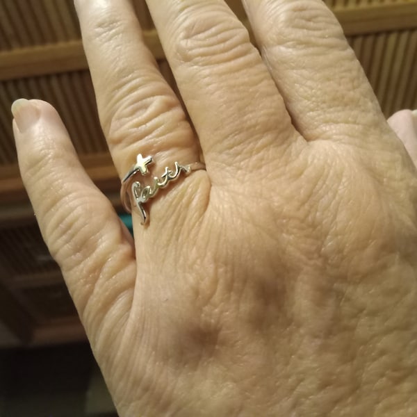 FAITH Script Sterling Silver Cross Ring - Etsy