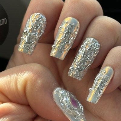 LM014 Black and White Star Themed Nails Minimal Style Nails Handpainted ...