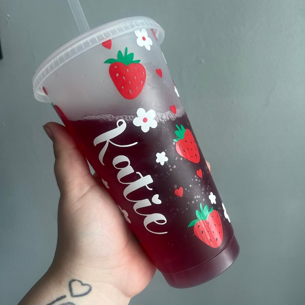 Personalised Strawberry and Flower Design Cold Cup With Straw- 24oz ...