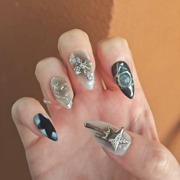 3D Flower Freestyle Medium Almond Press on Nails, Ombre Nail | Red ...