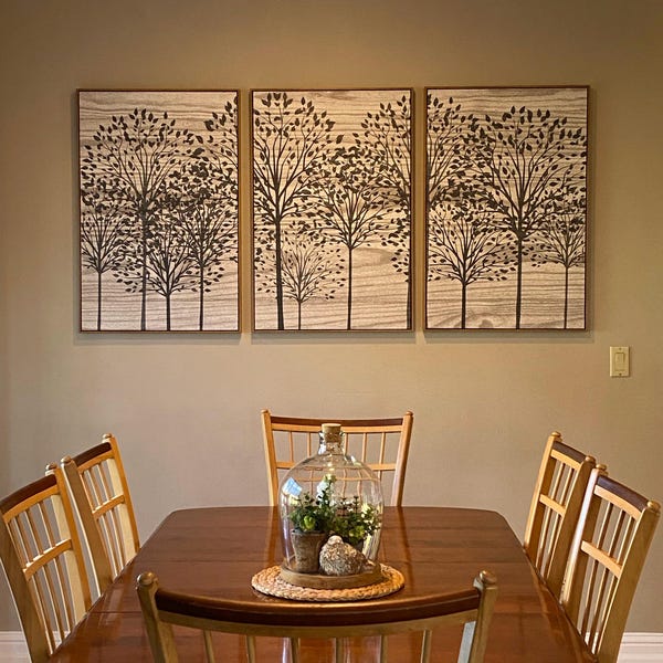 Framed Canvas Tryptic Wall Art Set, Abstract Forest Tree Art Prints ...
