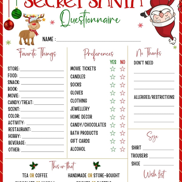 Editable Secret Santa Questionnaire Template for Work/office/family ...