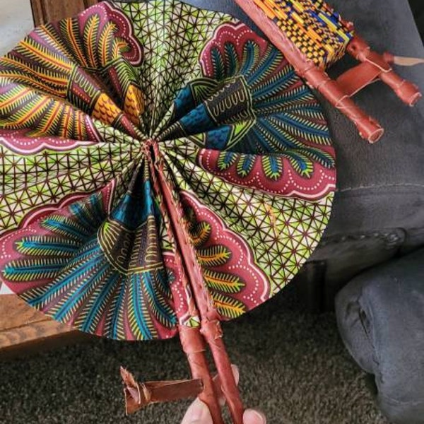 African Fabric Hand Fan With Leather Handle, Decorative Fan Made With ...