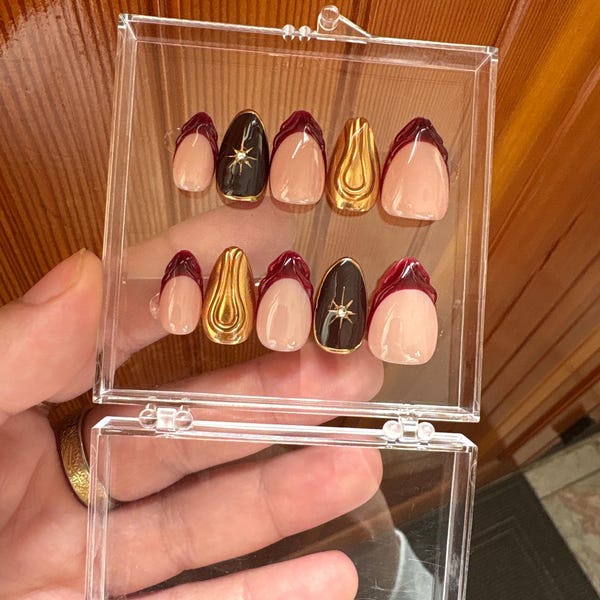 Burgundy French Red Press on Nails Short Almond Nails/gold 3D Chrome ...