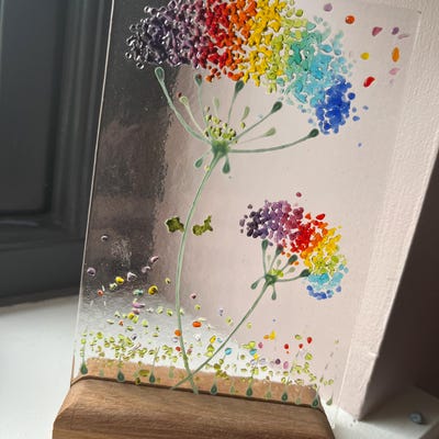 Whimsical Bright Rainbow Flowers Fused Glass Art Picture Sun Catcher & Wooden Display Stand - Etsy