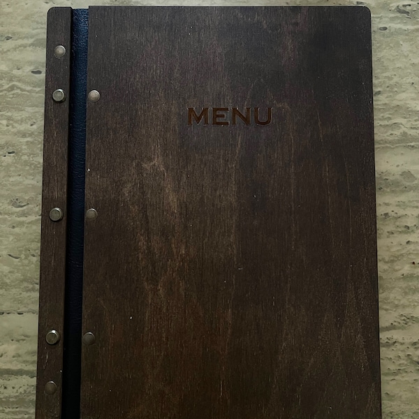 Wooden Menu Folder Fastened on Leather Strap, Engraved Menu Holder ...