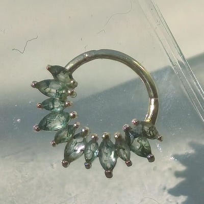 14K Gold Moss Agate Earring Threadless Push Pin Stud Dainty Fan Shape ...