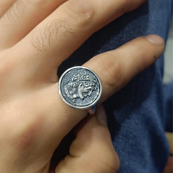 Sterling Silver Alexander the Great Coin Ring, Archaic Ring With ...