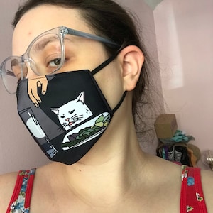 Meme Angry Woman Vs Cat Face Mask Crying Cat Meme, Meme Fabric Mask ...