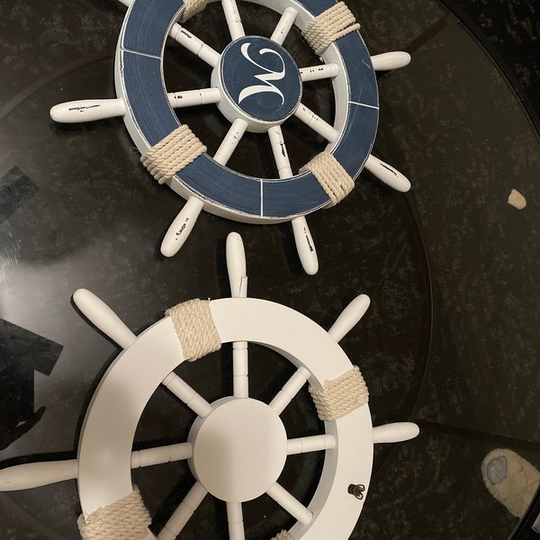Monogrammed Dark Blue and White Nautical Ship Wheel, Personalized Ship ...