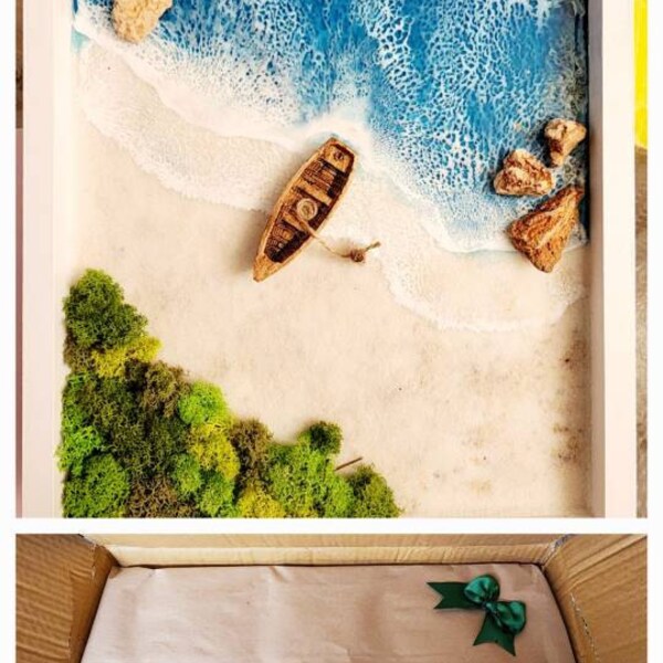 Rectangle Framed Coastal Resin Art, Seaside Epoxy Resin Wall Decor ...