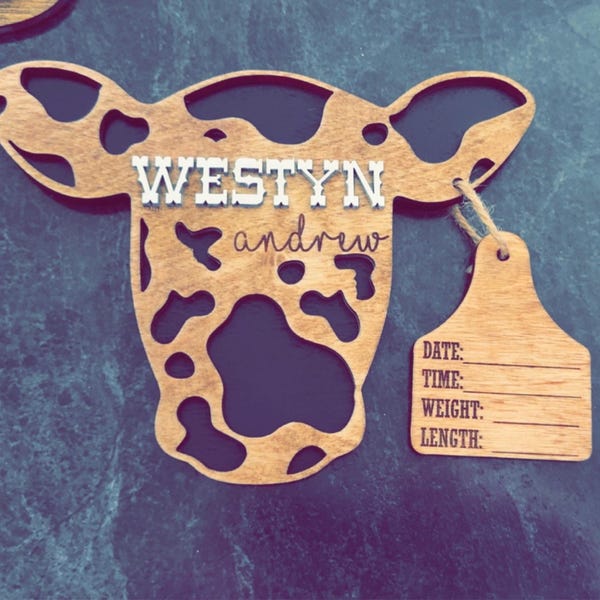 Baby Boy Cow Birth Stats Sign / Nursery Announcement / Cattle Tag ...