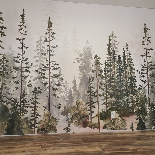 Watercolor Pine Tree Forest Peel and Stick Wallpaper Night Sky Full ...