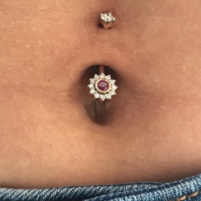 Natural Diamond and Ruby Belly Button Ring 14K Solid Gold, Floral Gold ...