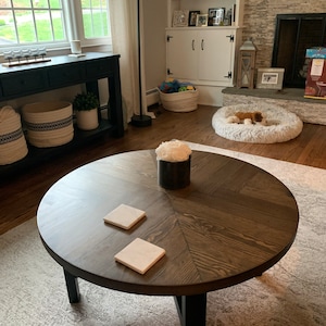 Rustic Herringbone Pattern Round Coffee Table With Black Wood Legs - Etsy
