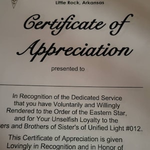 OES WM/WP Certificate of Appreciation Past Worthy Matron and Past ...