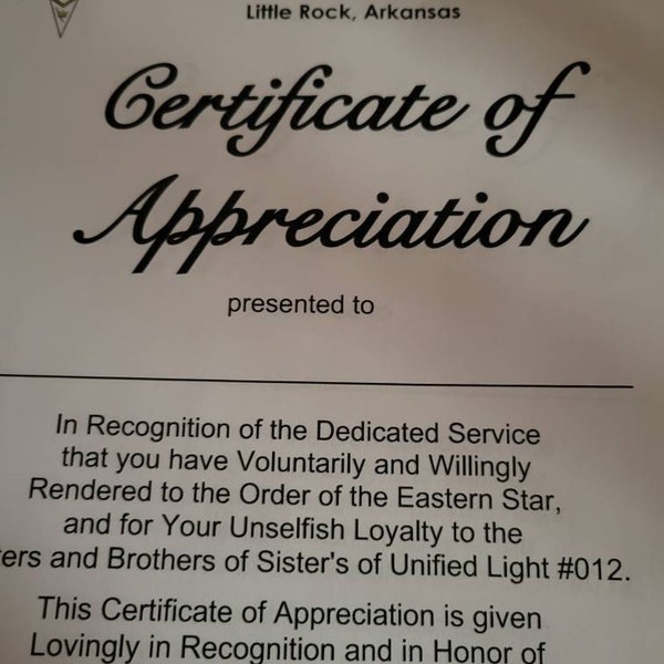 OES Certificate of Appreciation Eastern Star Personalized Digital ...