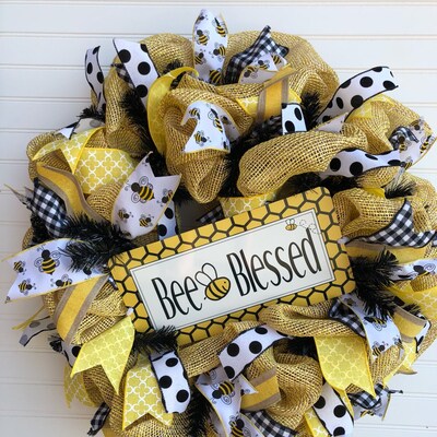 Bee Blessed Bumble Bee Honeycomb Sign for Wreaths With Two Bees - Etsy