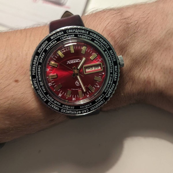 Vintage Soviet Watch Raketa World Time, Red Watch, Time Zone Watch ...