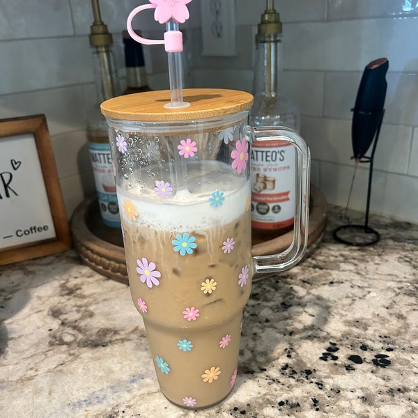 Flower Glass Cup, Large Glass With Handle, Trendy Cup With Lid and ...