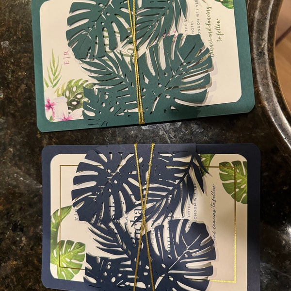 Monstera Invitation Navy Blue Leaf Laser Cut Wedding Invitation ...
