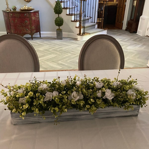 Rustic Planter Box Centerpiece With Greenery, Farmhouse Table ...