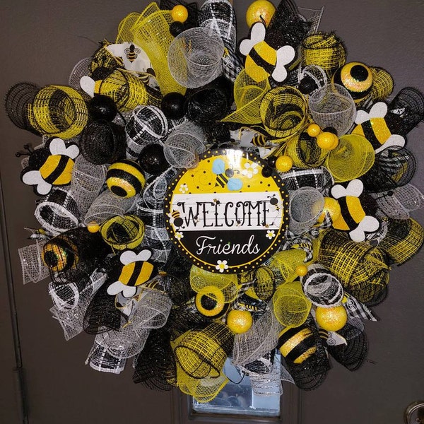 Bumble Bee Welcome Sign - Round Spring Summer Sign for Wreaths - Bee ...